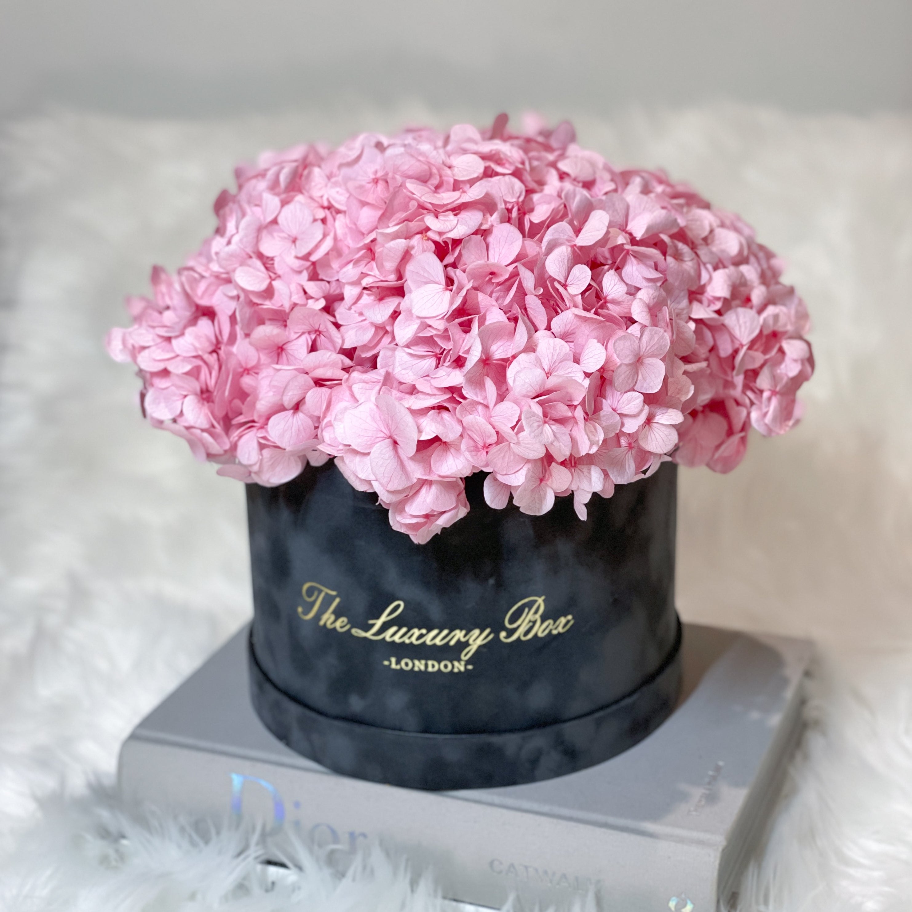 Pink Preserved Hydrangea in Grey Velvet Box – The Luxury Box London