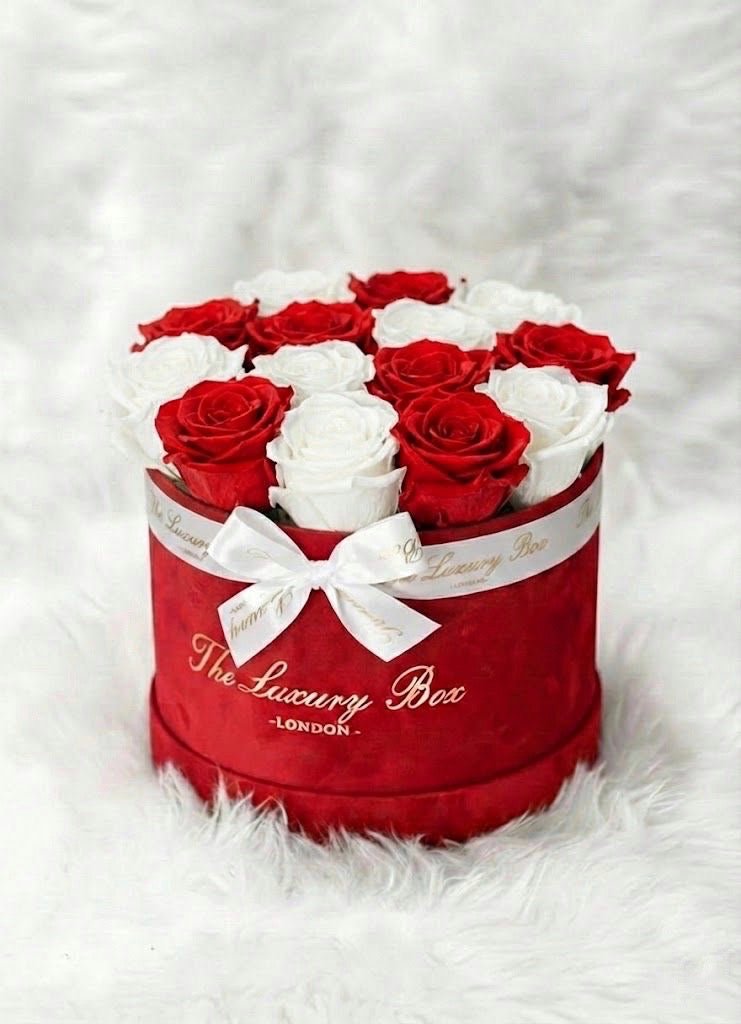 Red & White Eternity Roses In Red Velvet Box | Infinity Roses | Valent ...