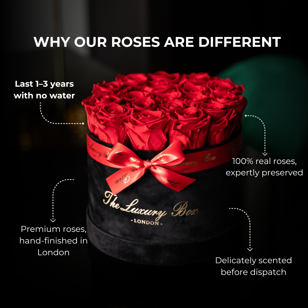 Red & White Eternity Roses In Red Velvet Square Box | Infinity Roses ...