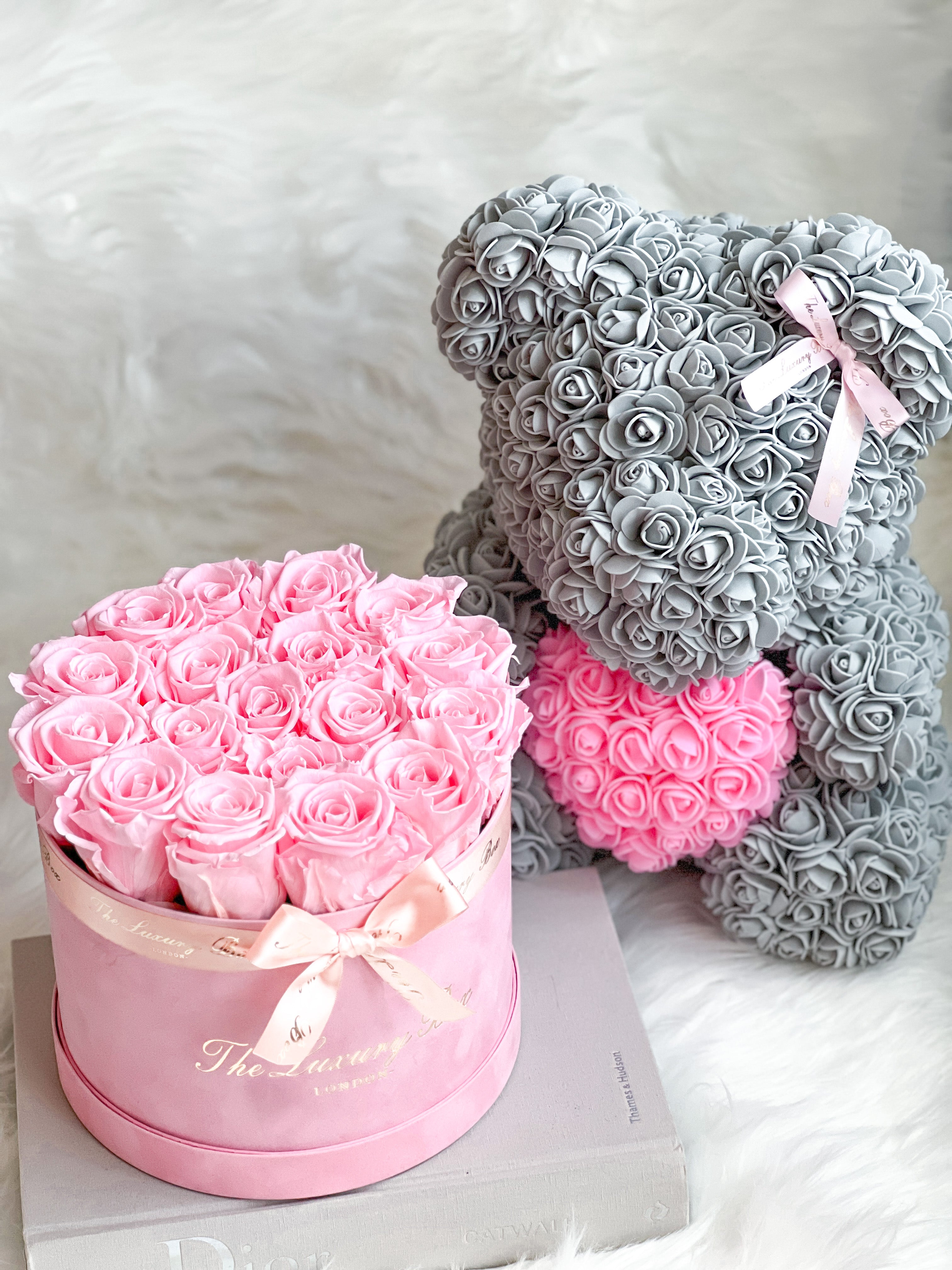 Grey & Pink Rose Bear & Eternity Rose Box Set | Valentine's Day Flower ...
